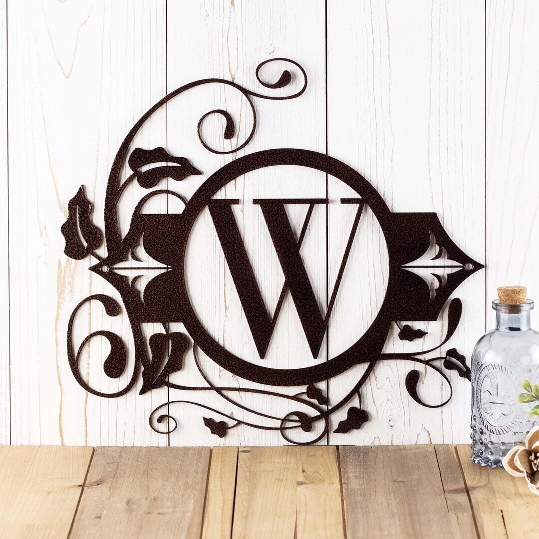 Custom Family Last Name Letter Monogram Metal Sign, Vines & Fleur-de ...