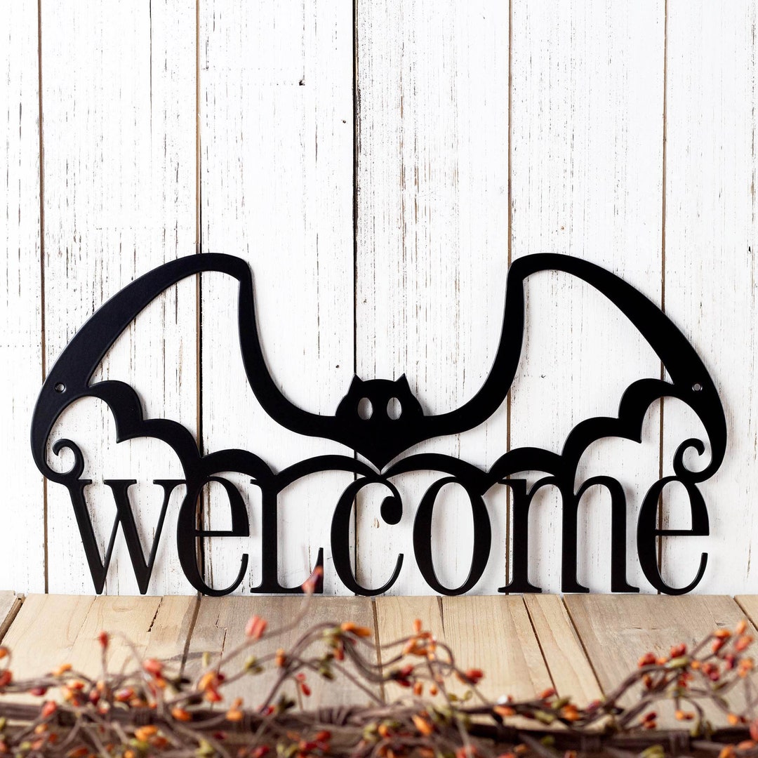 Halloween Bat Welcome Metal Sign, Halloween Decor, Halloween, Bats ...