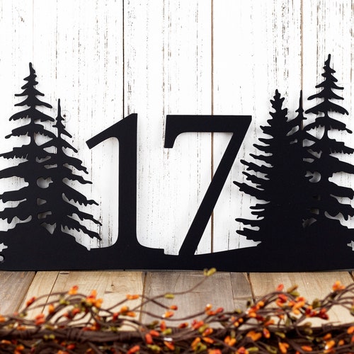 Rustic Metal House Number Sign With Pine Trees Address | Etsy