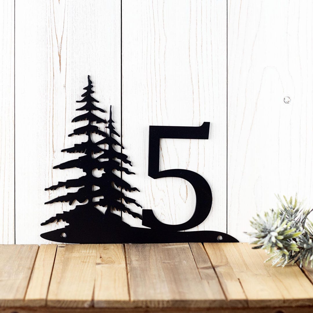 Rustic Personalized Metal House Number Sign, Evergreen Pine Trees ...