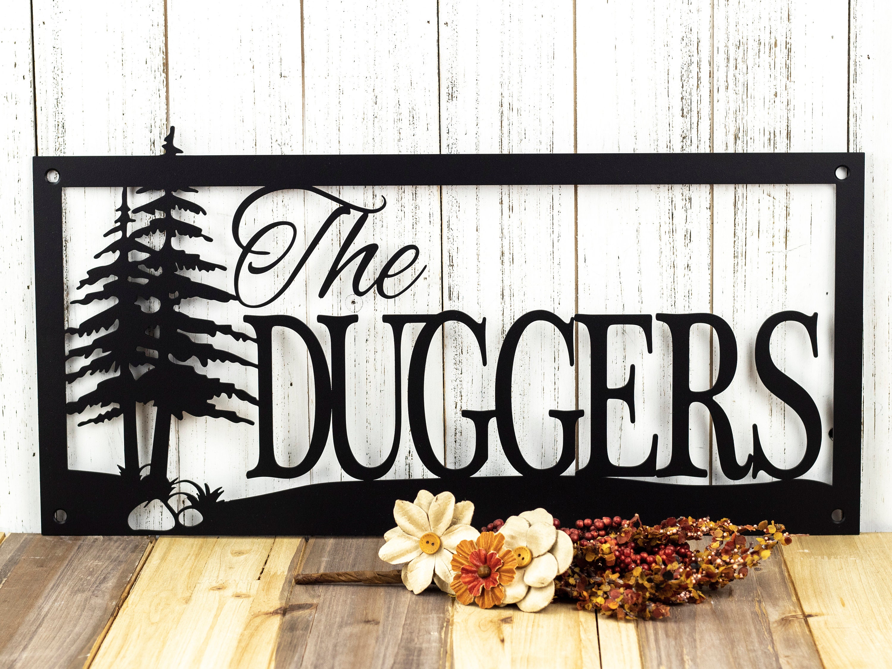 Custom Outdoor Family Last Name Metal Sign With Pine Trees And Rocks custom-outdoor-family-last-name-metal-sign-with-pine-trees-and-rocks
