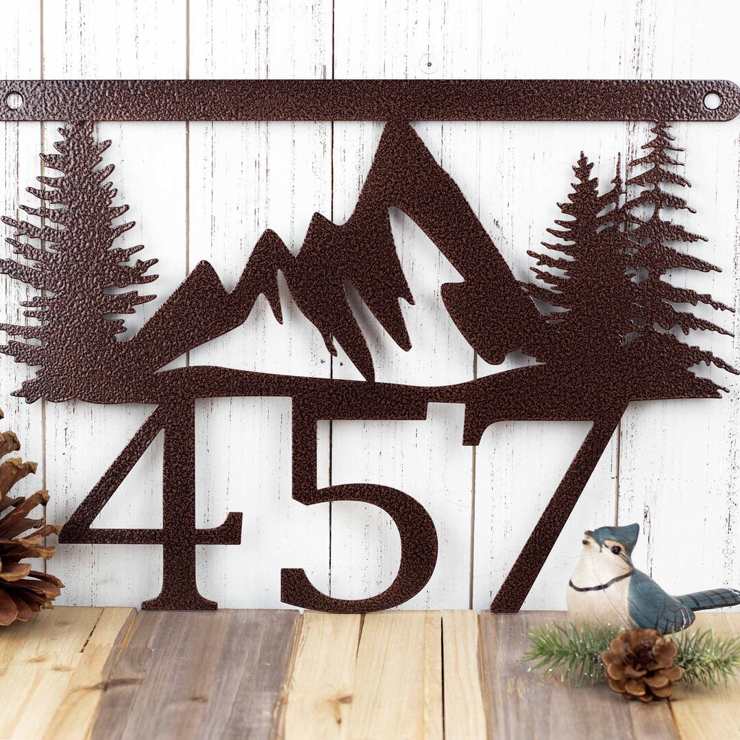 Metal House Number Plaque, Mountains, Pine Trees, Outdoor Hanging ...