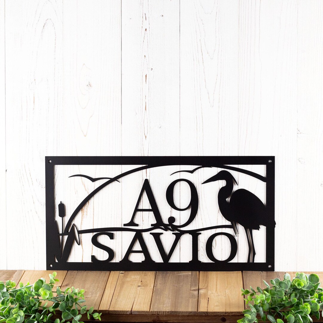 Custom Lake Scene Metal Address Sign, Great Blue Heron, Sunset ...