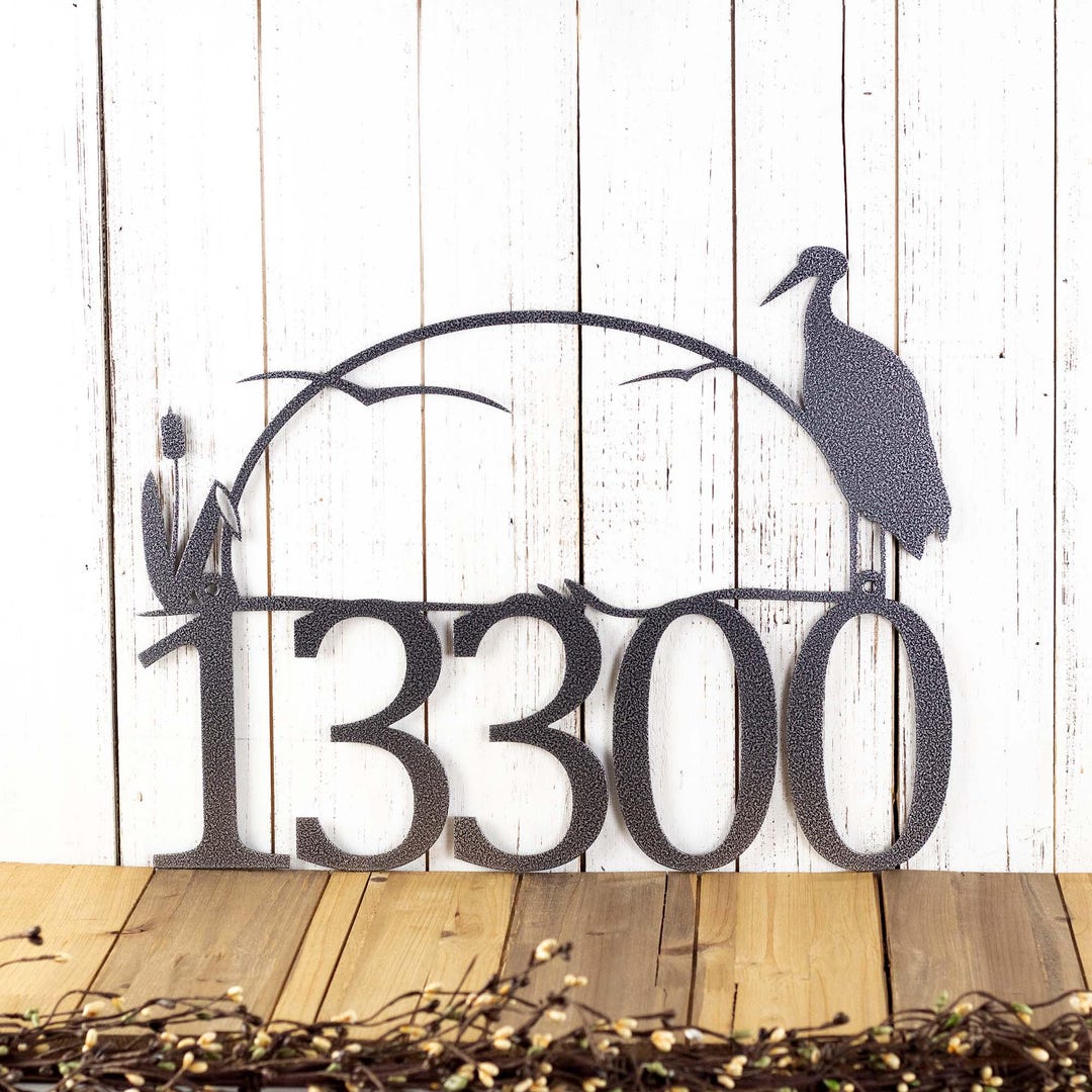 Personalized Metal House Number Sign With Heron & Cattails Lake Scene ...