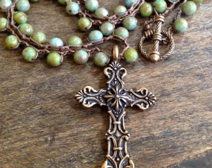 Rosary Cross Necklace Boho Faith Jewelry Rustic Bronze Cross - Etsy