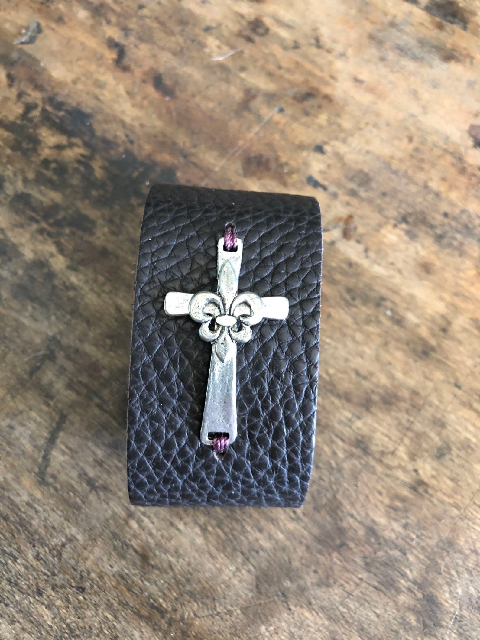 Rustic Boho Bracelet Cross Leather Cuff Fleur De Lis Bracelet | Etsy