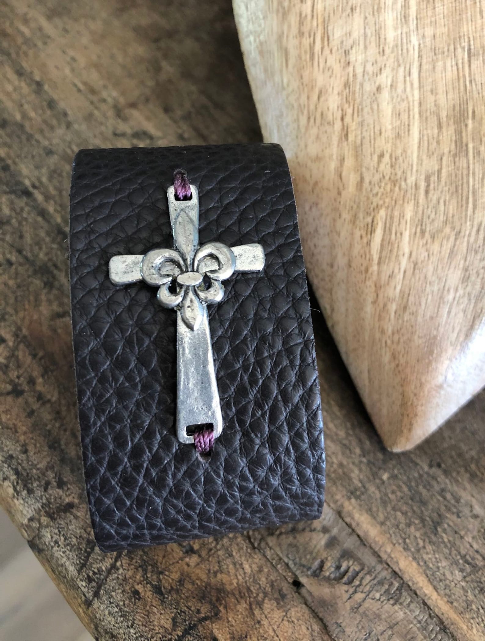 Rustic Boho Bracelet Cross Leather Cuff Fleur De Lis Bracelet Boho ...