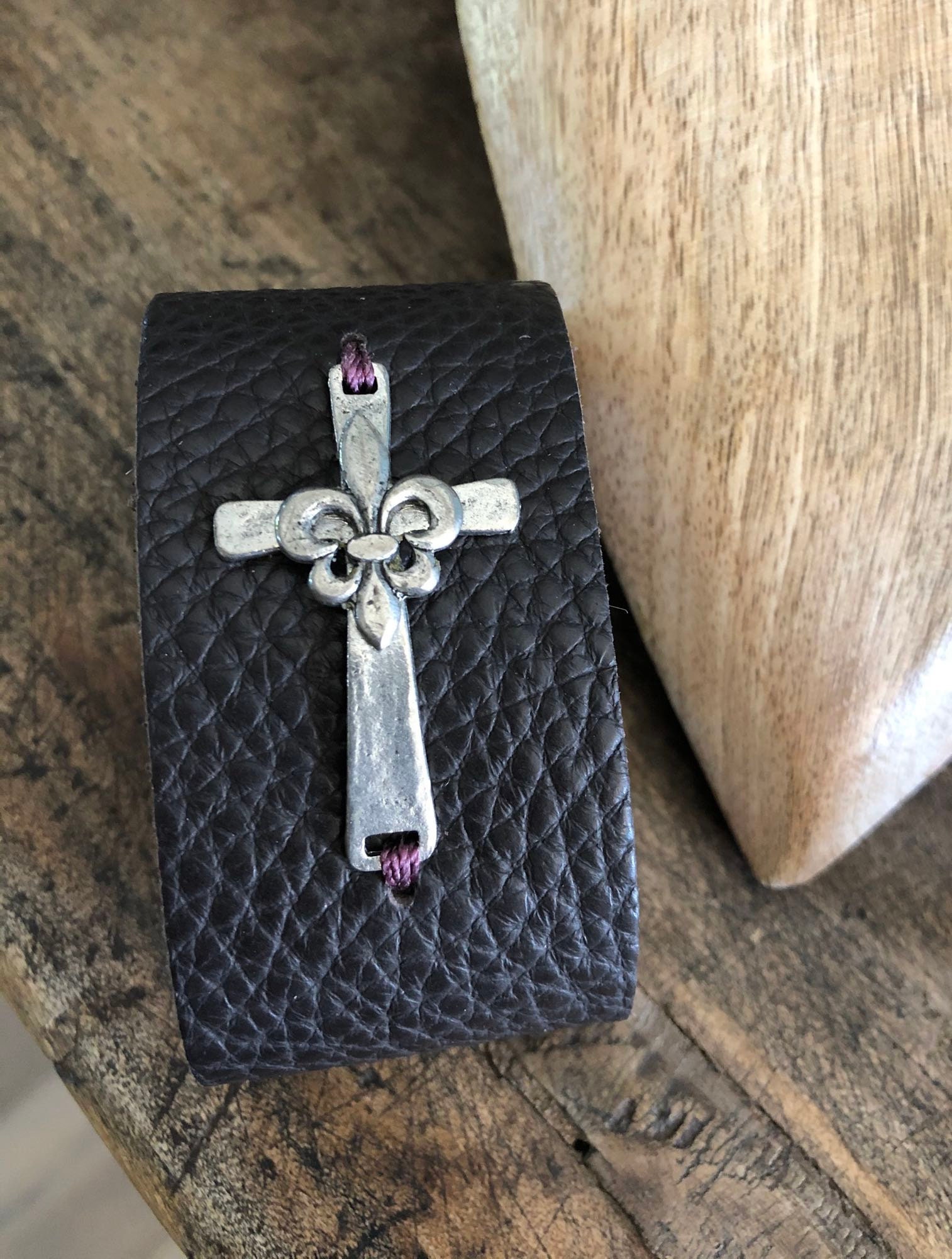 Rustic Boho Bracelet Cross Leather Cuff Fleur De Lis Bracelet | Etsy