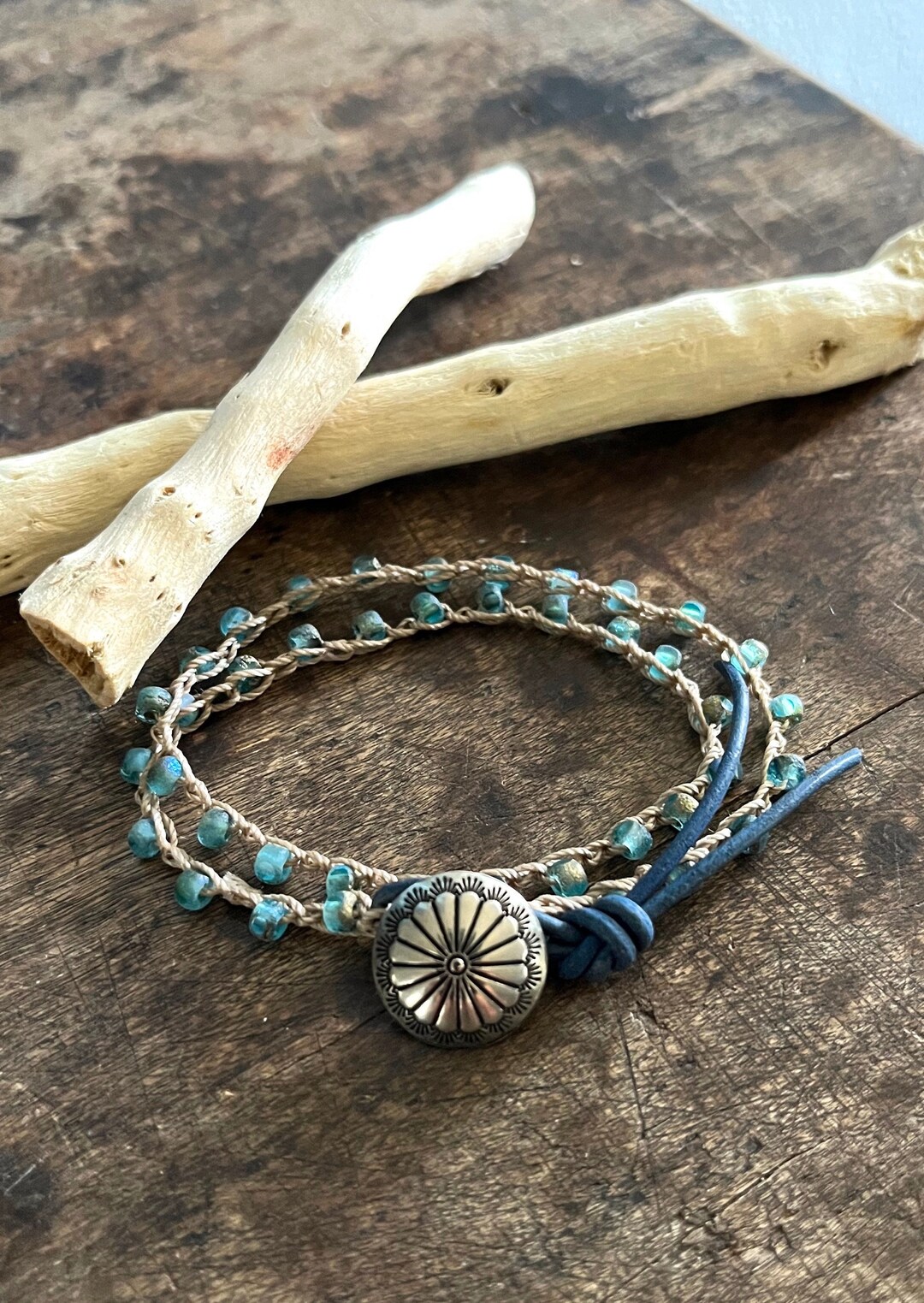 Boho Crochet Bracelet Silver Concho Bracelet Knotted Beaded - Etsy