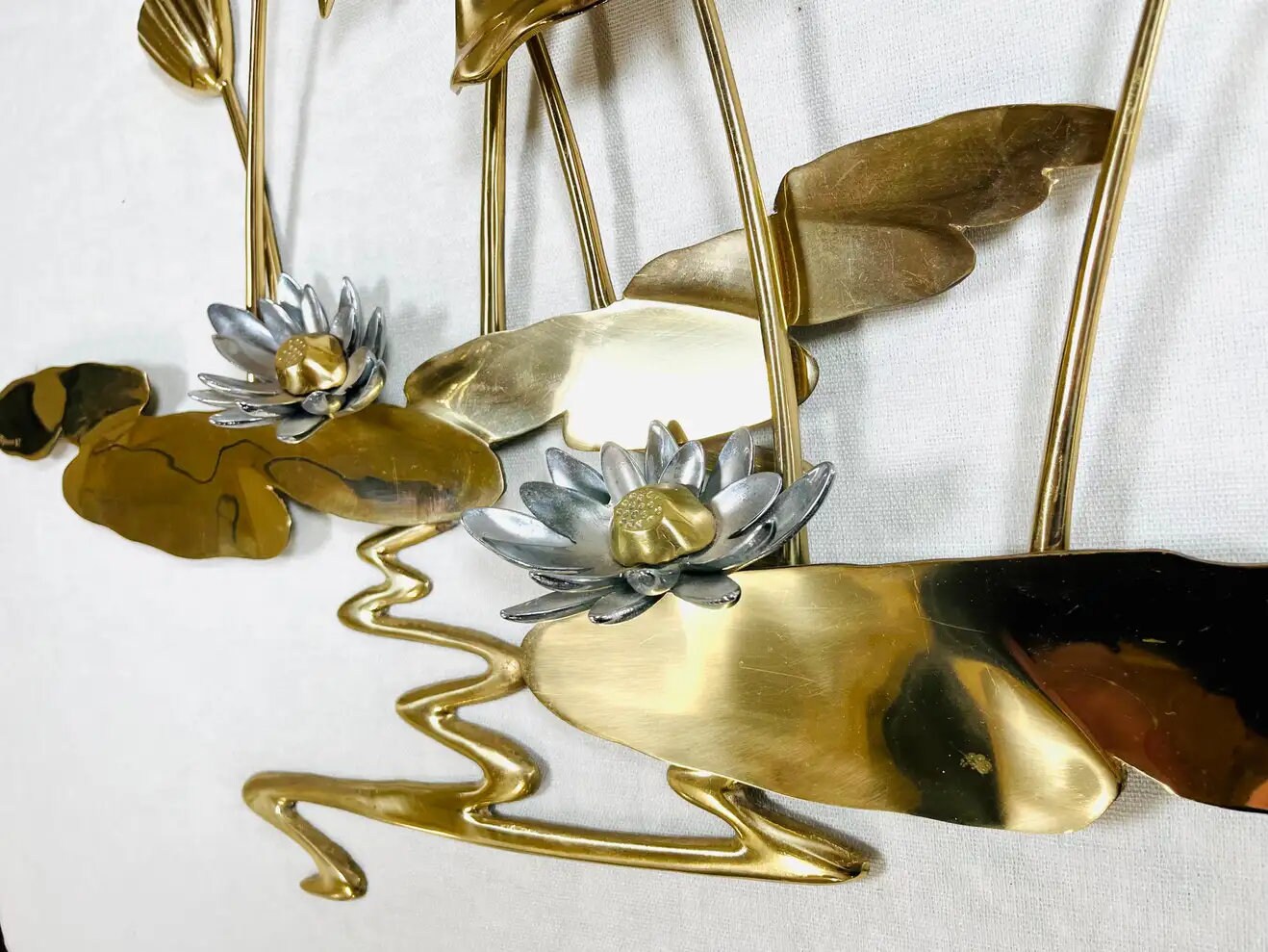 Curtis Jere Style Brass Water Lilies, Cattail, & Craines Wall Sculpture ...