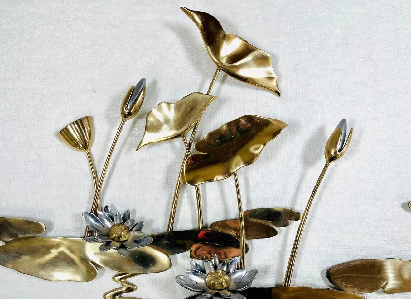 Curtis Jere Style Brass Water Lilies, Cattail, & Craines Wall Sculpture ...