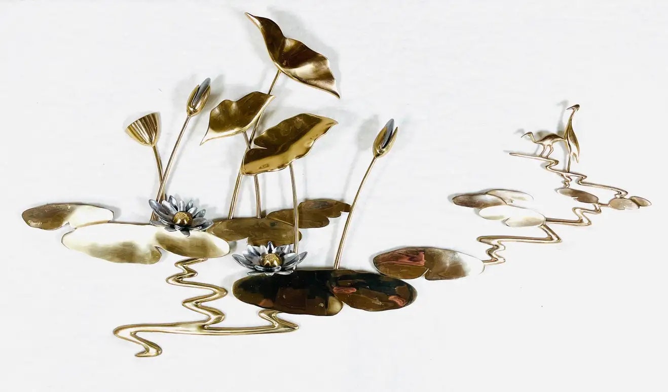 Curtis Jere Style Brass Water Lilies, Cattail, & Craines Wall Sculpture ...