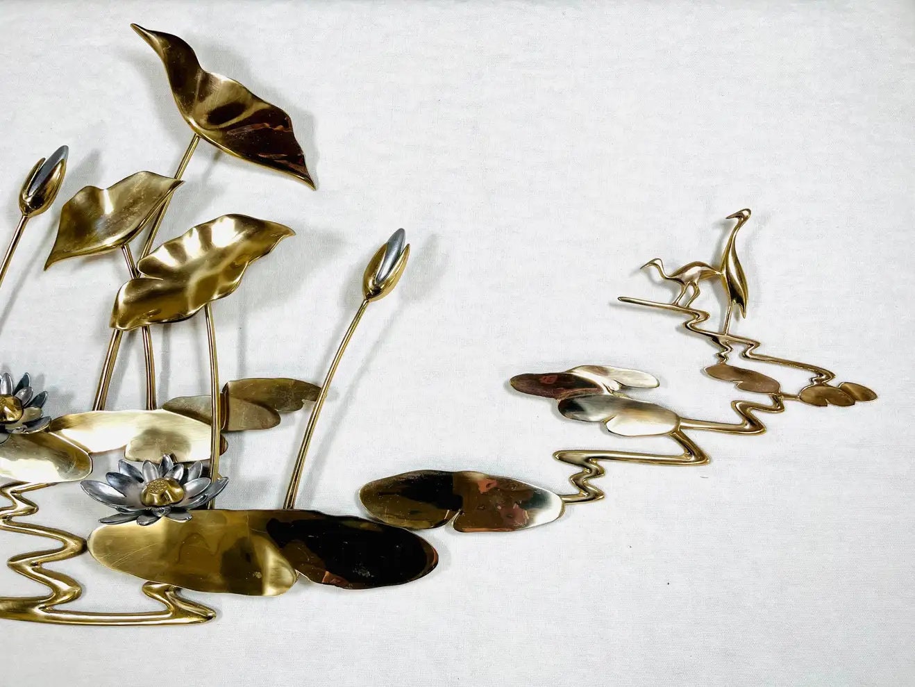 Curtis Jere Style Brass Water Lilies, Cattail, & Craines Wall Sculpture ...