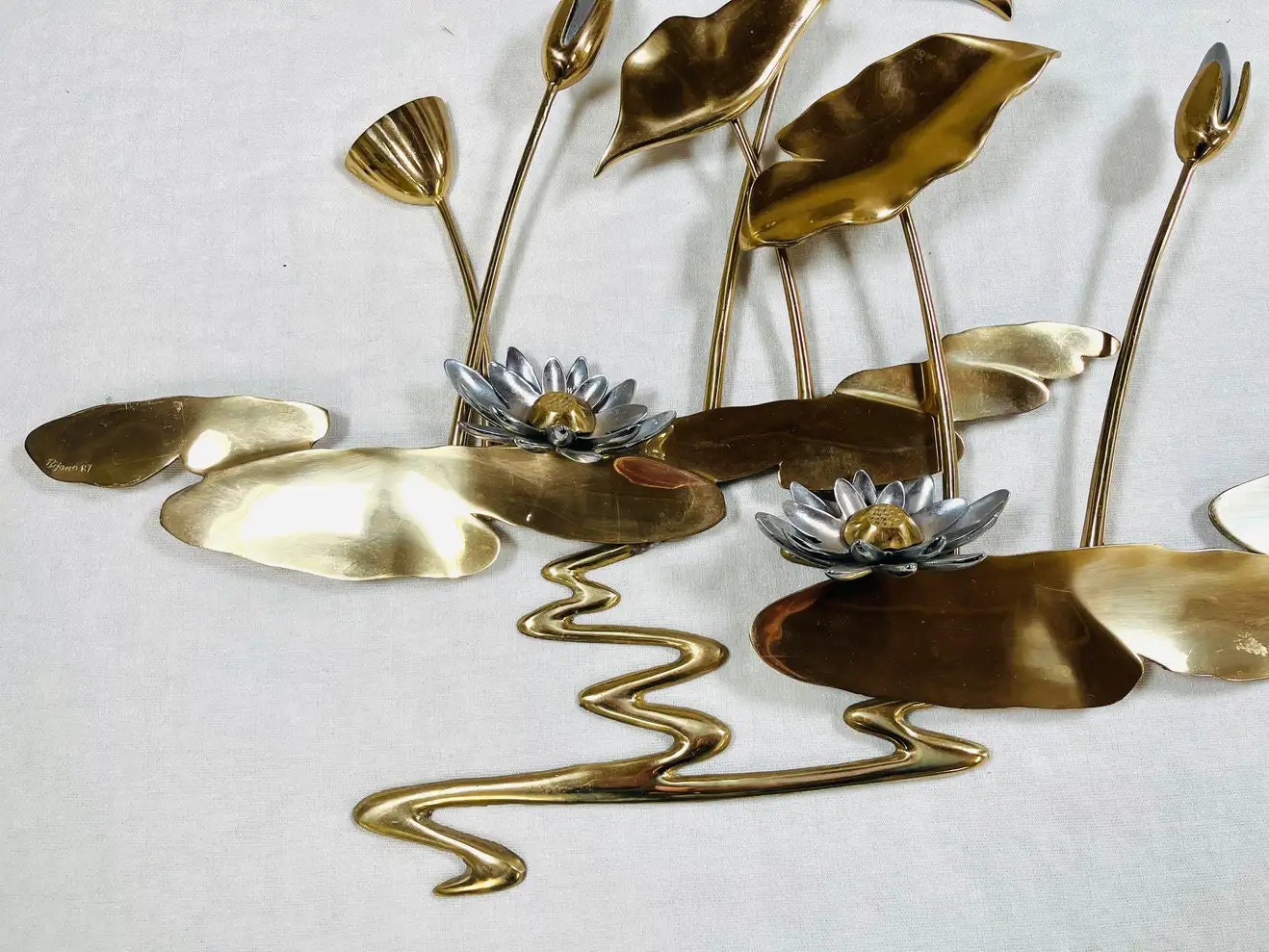 Curtis Jere Style Brass Water Lilies, Cattail, & Craines Wall Sculpture ...