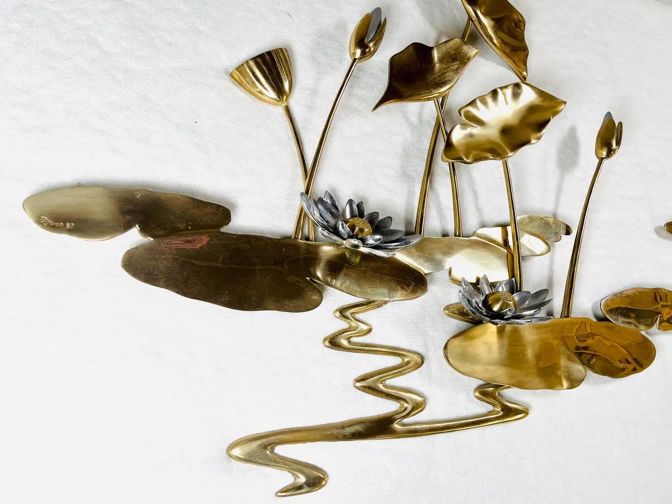 Curtis Jere Style Brass Water Lilies, Cattail, & Craines Wall Sculpture ...