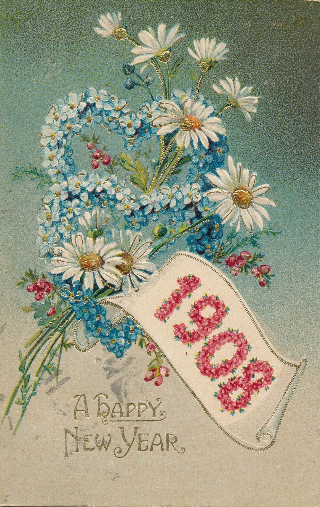 New Year: 1908 'A Happy New Year' Floral Vintage Postcard - Collectible ...