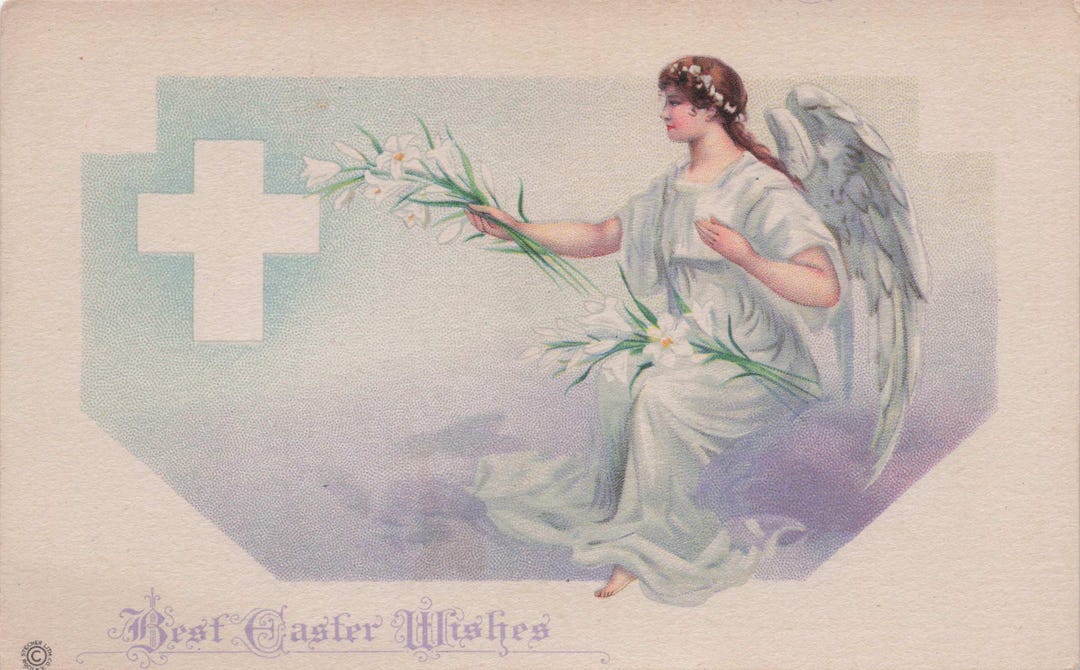 Easter: Vintage Easter Postcard - Angel With Lilies and Cross - Etsy