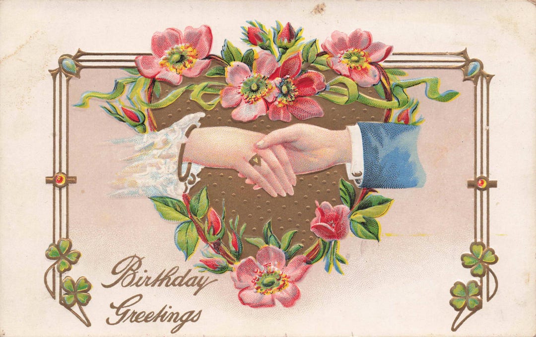 Birthday: Antique Birthday Greetings Postcard With Handshake and Floral ...