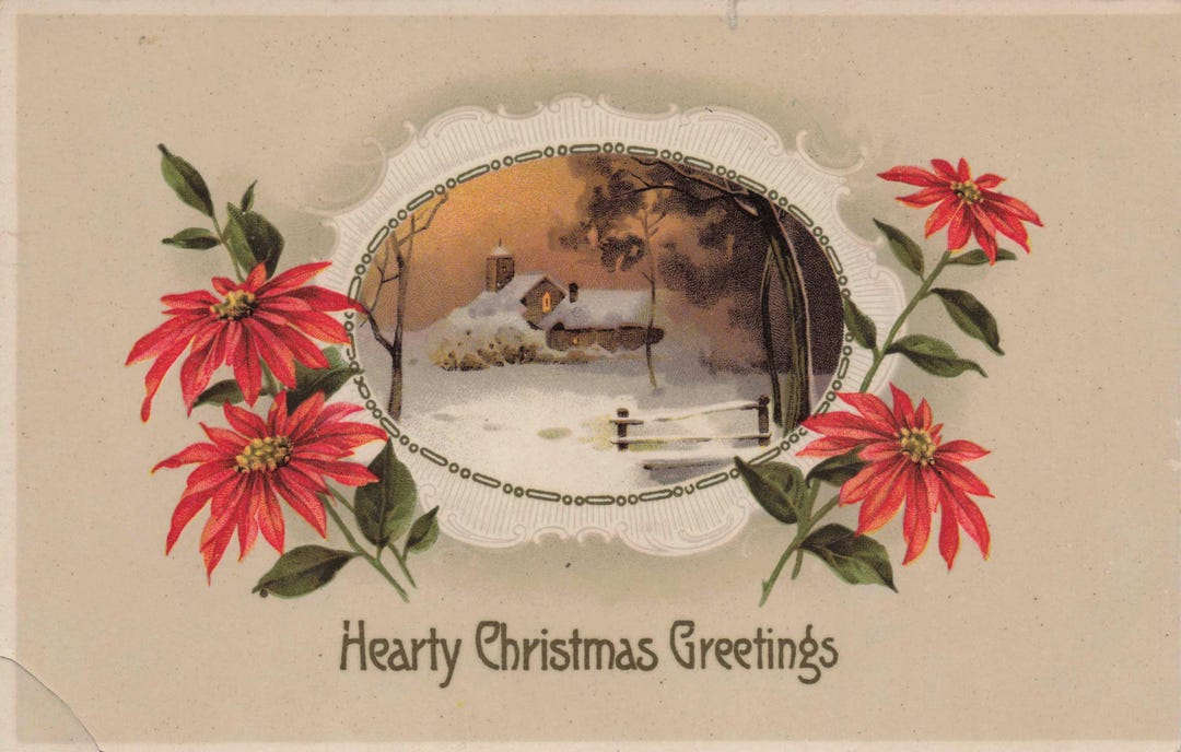 Christmas: Antique Christmas Postcard - "hearty Christmas Greetings" - Winter Snowy Cottage ...