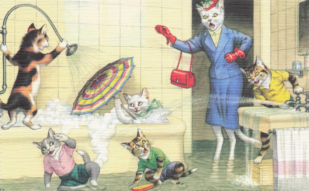 Novelty: Vintage Alfred Mainzer Cat Postcard – Bathroom Chaos by Eugene ...