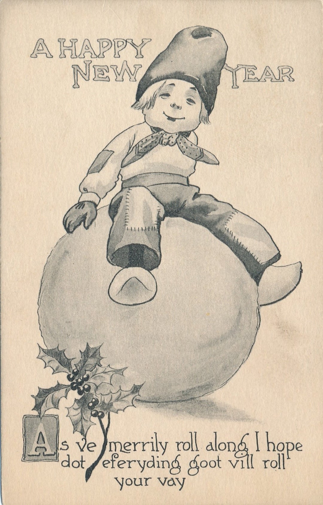New Year: Antique Happy New Year Postcard With Happy Little Boy Atope a ...