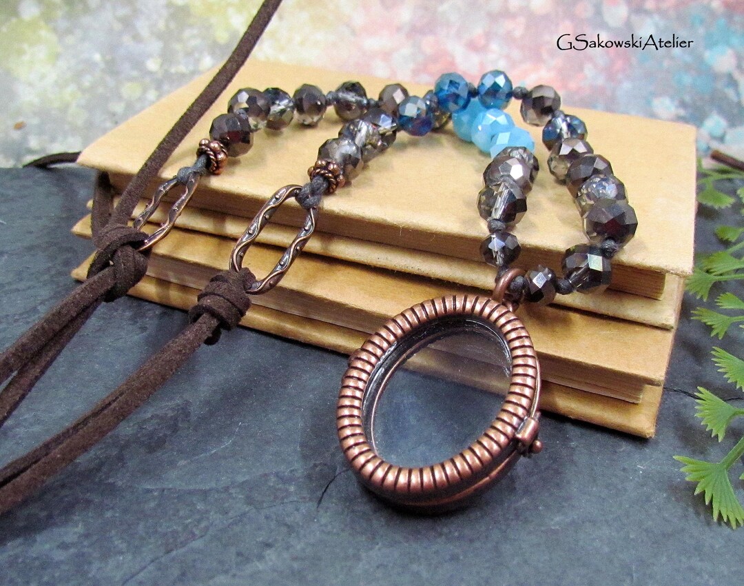 Glass Copper Oval Locket Necklace, Hand Knotted Crystal Beads Glass ...