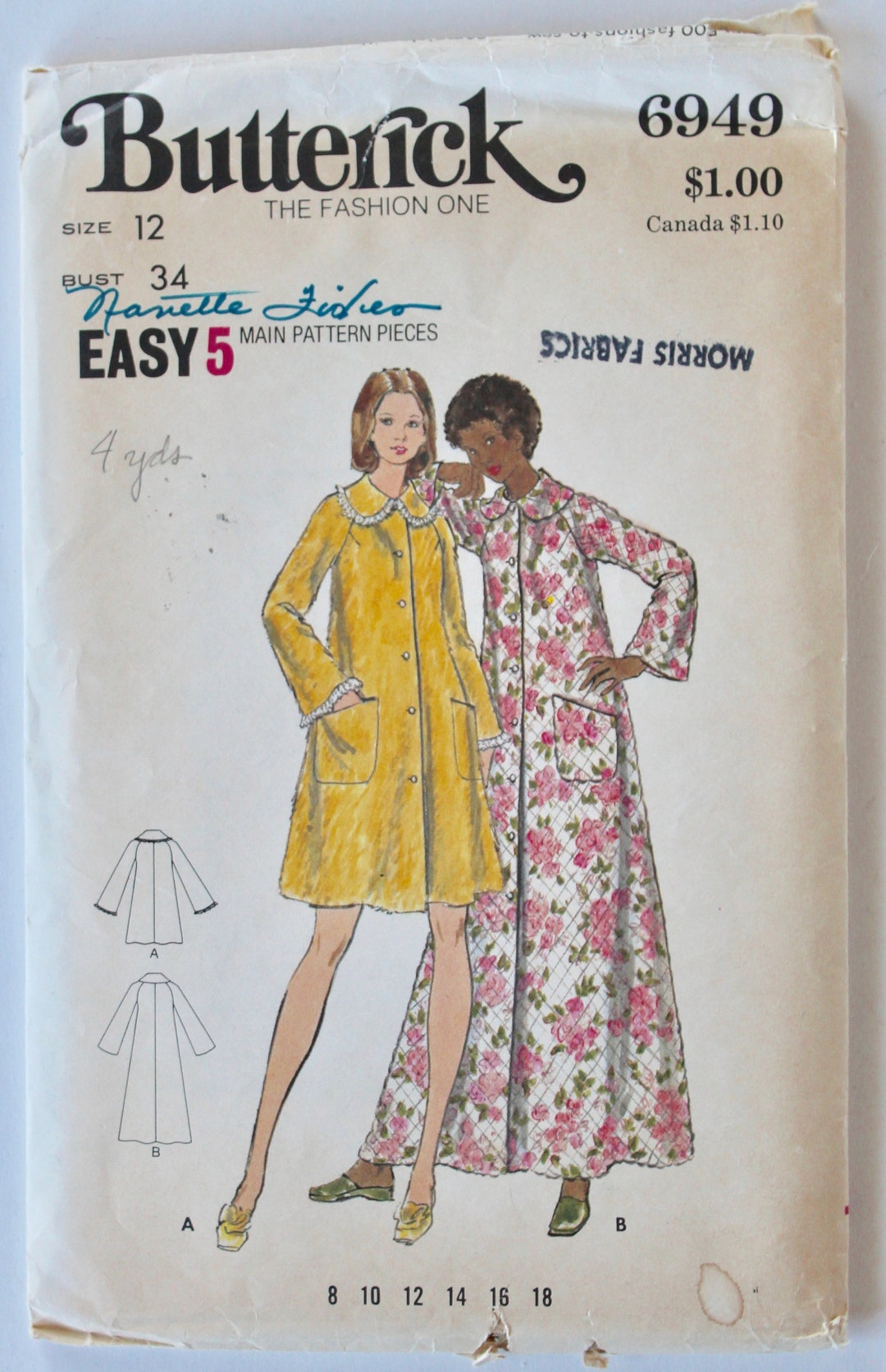Robe Sewing Pattern Vintage 1970s Women's Robe Sewing Pattern Size 12 ...
