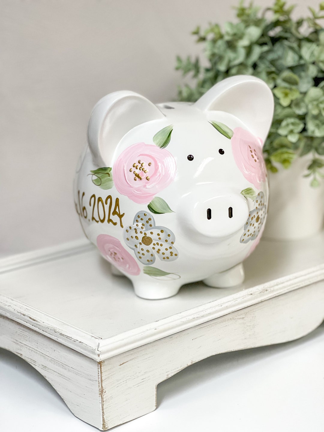 Personalized Piggy Bank, Pink and Gray Floral Hand Painted Piggy Bank ...