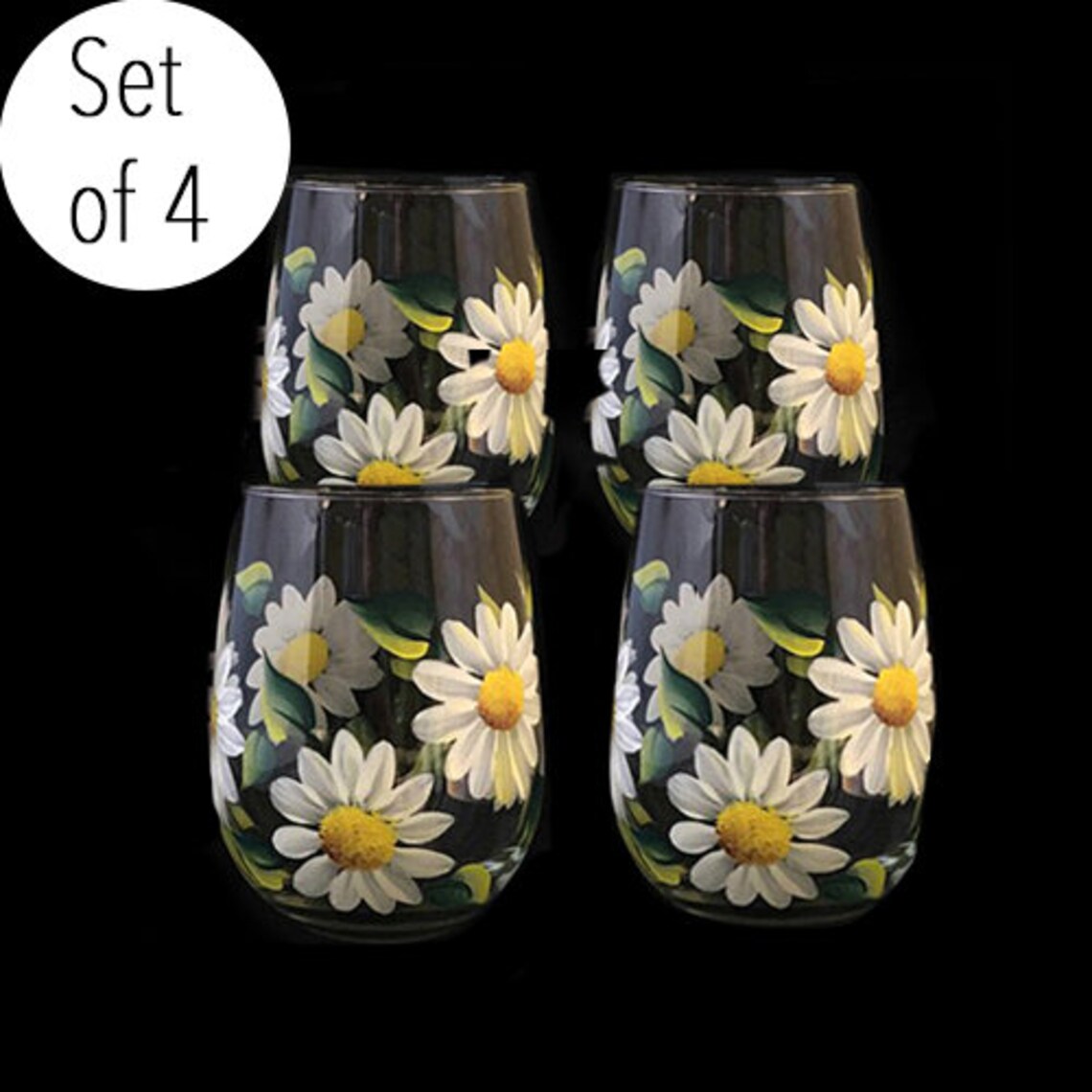 Hand Painted Daisy Wine Glass Set of 4 White Daisy Flower - Etsy