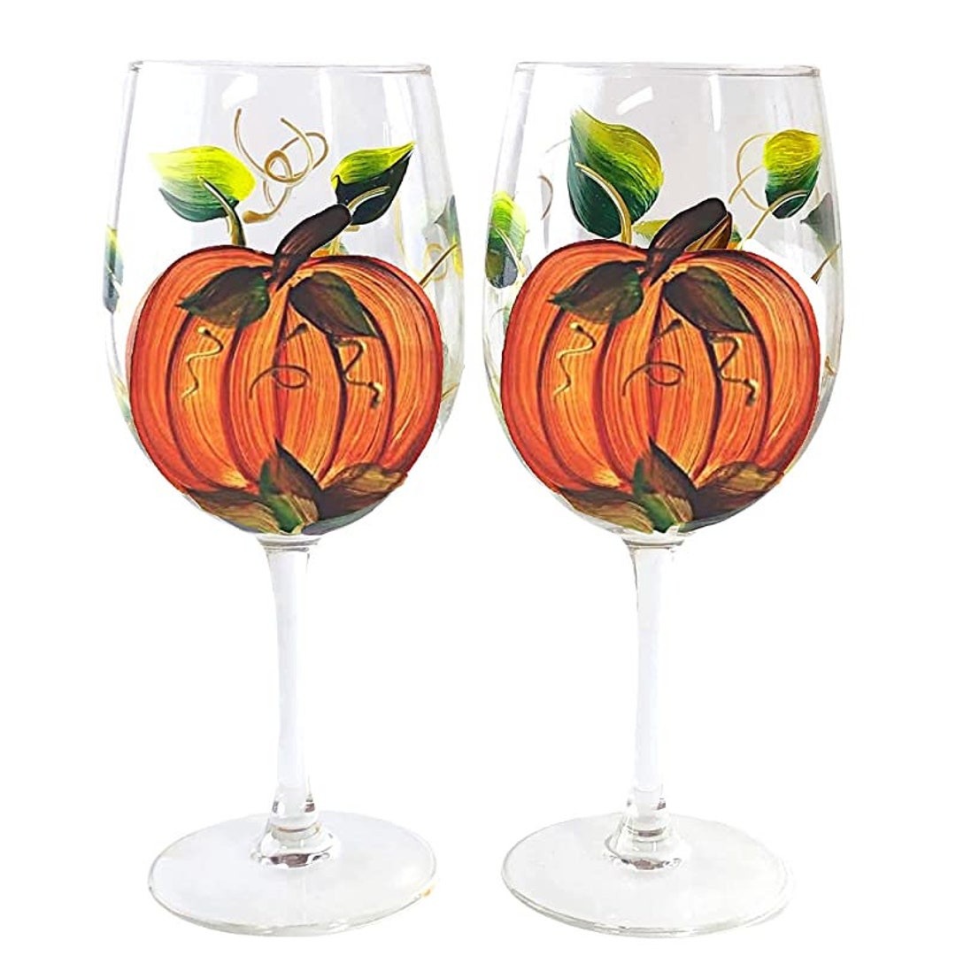 Painted Fall Themed Wine Glass, Pumpkin Wine Glasses, Thanksgiving ...