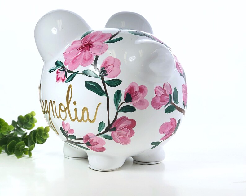 Hand Painted Personalized Piggy Bank for Girls Pink Flower | Etsy