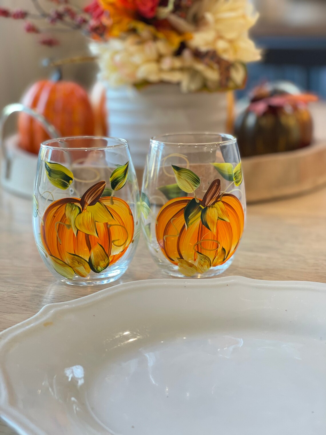Hand Painted Pumpkin Fall Thanksgiving Wine Glass Set of 2 - Etsy