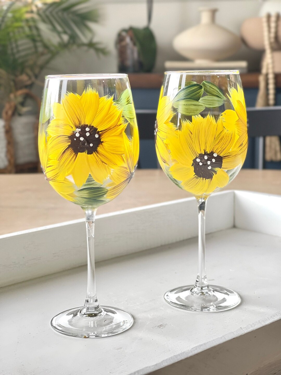 Hand Painted Sunflower Wine Glasses - Set of 2 Stemmed | Rustic ...