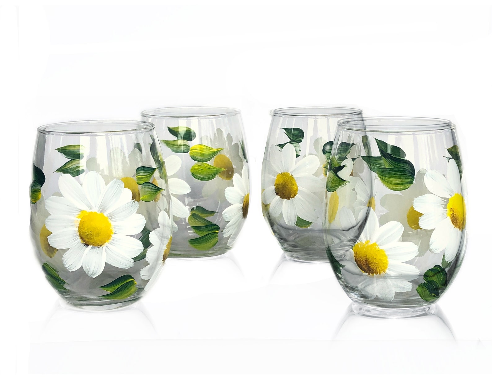 Hand Painted Daisy Wine Glass Set of 4 White Daisy Flower - Etsy