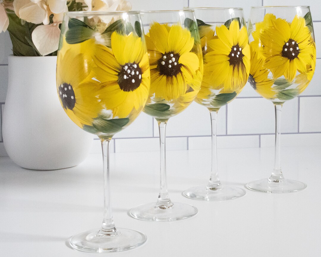 Hand-painted Sunflower Wine Glasses – Set of 4 Stemmed | Rustic Floral ...
