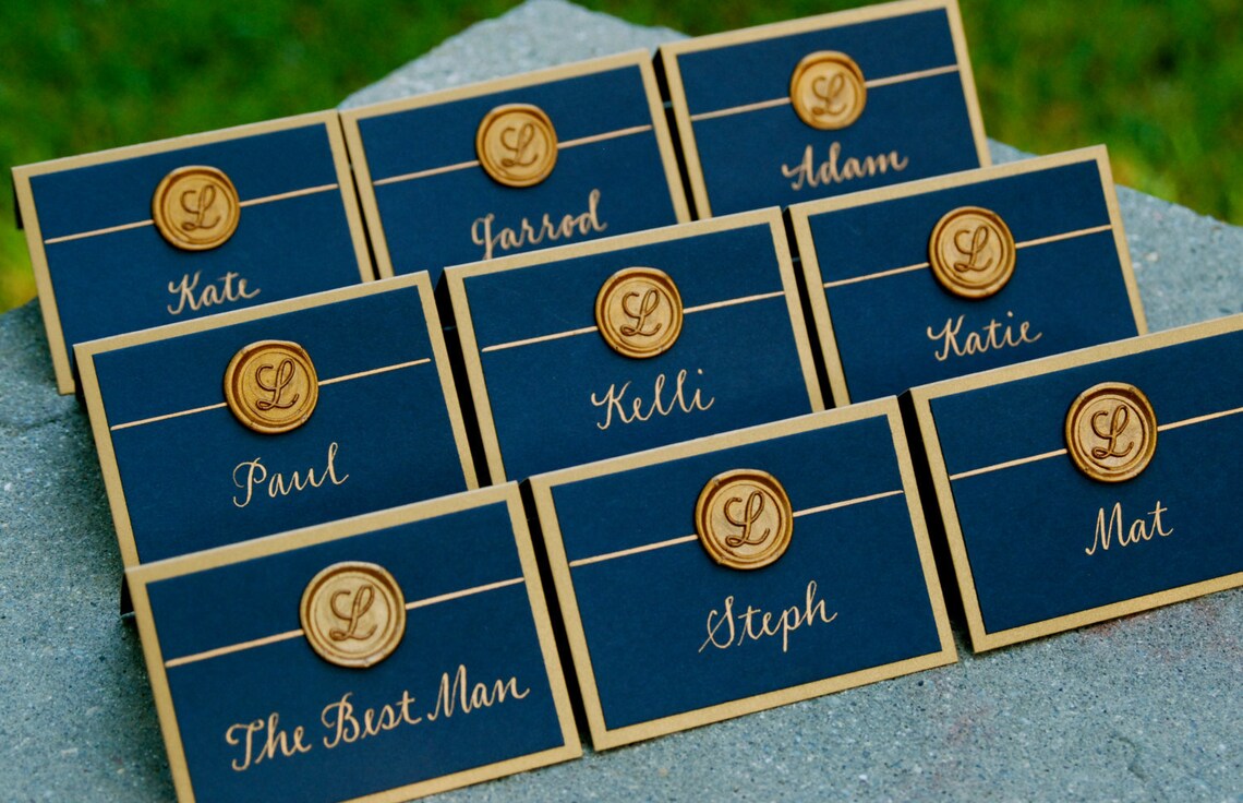 Navy and Gold Calligraphy Place Cards - Double Backed With Gold Wax ...