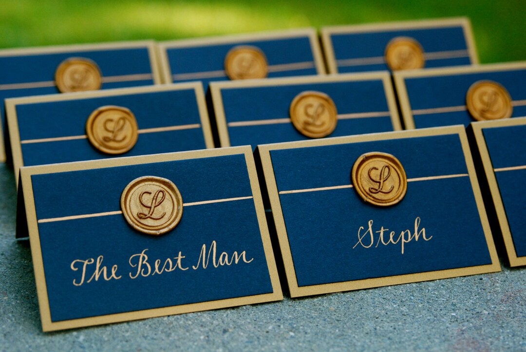 Navy and Gold Calligraphy Place Cards - Double Backed With Gold Wax ...