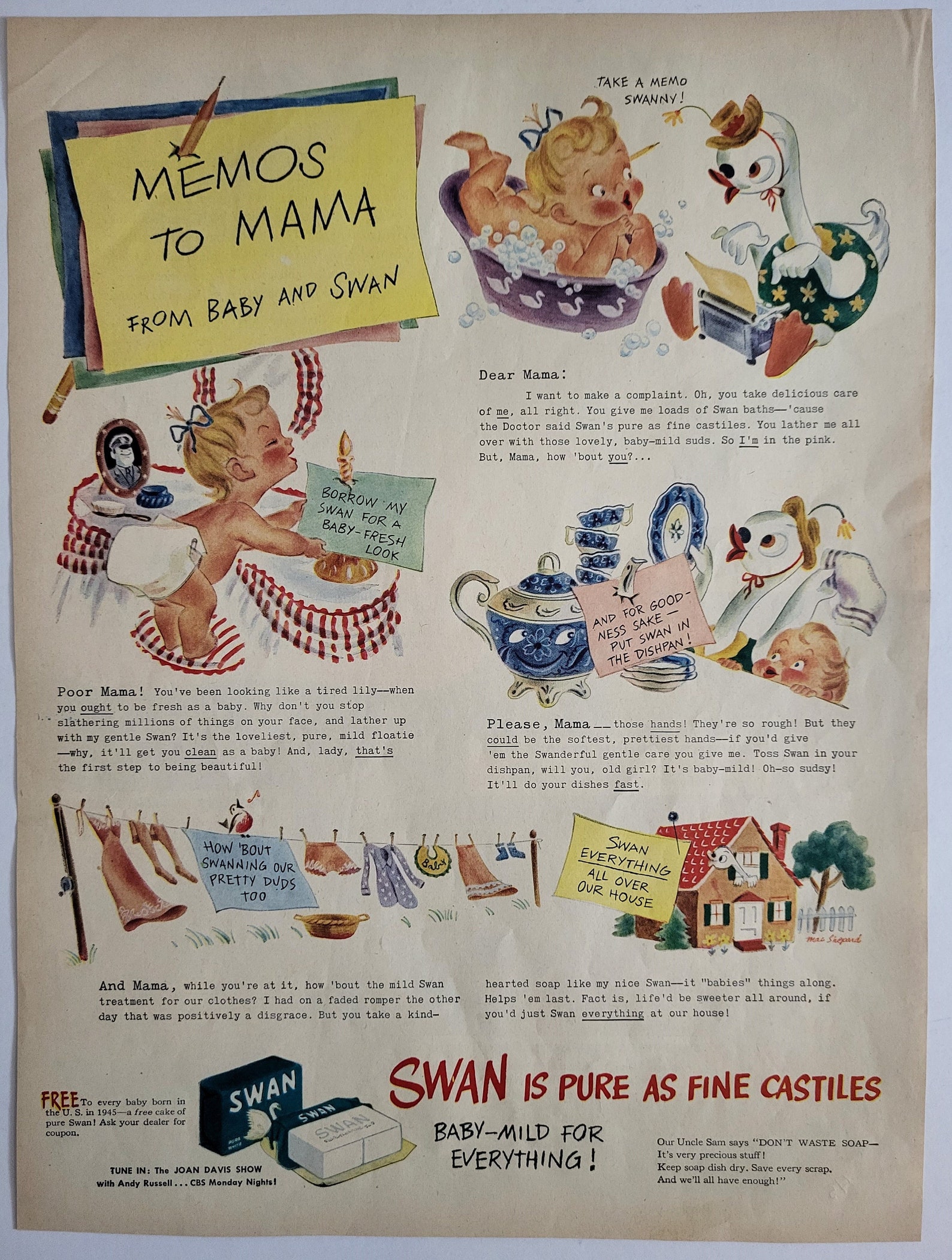 Swan Soap Ad Original 1940's Vintage Magazine Ad~nursery/bathroom Decor~ready to Frame - Etsy