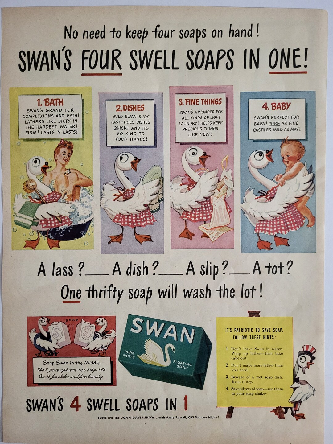 Swan Soap Ad Original 1940's Vintage Magazine Ad~nursery/bathroom Decor ...