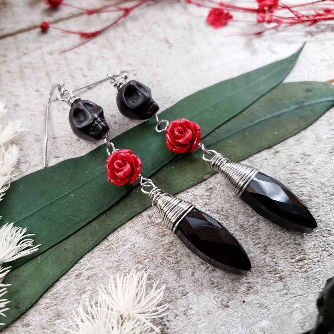 Goth Skull Earrings - Skull Rose Earrings - Gothic Jewelry - Red Rose ...