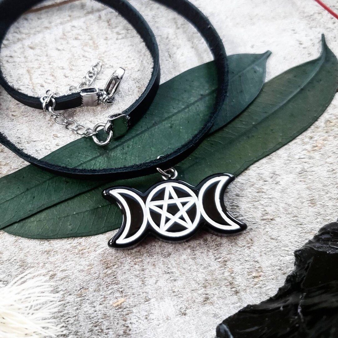 Triple Moon Necklace - Black Leather Choker - Gothic Charm Jewelry ...