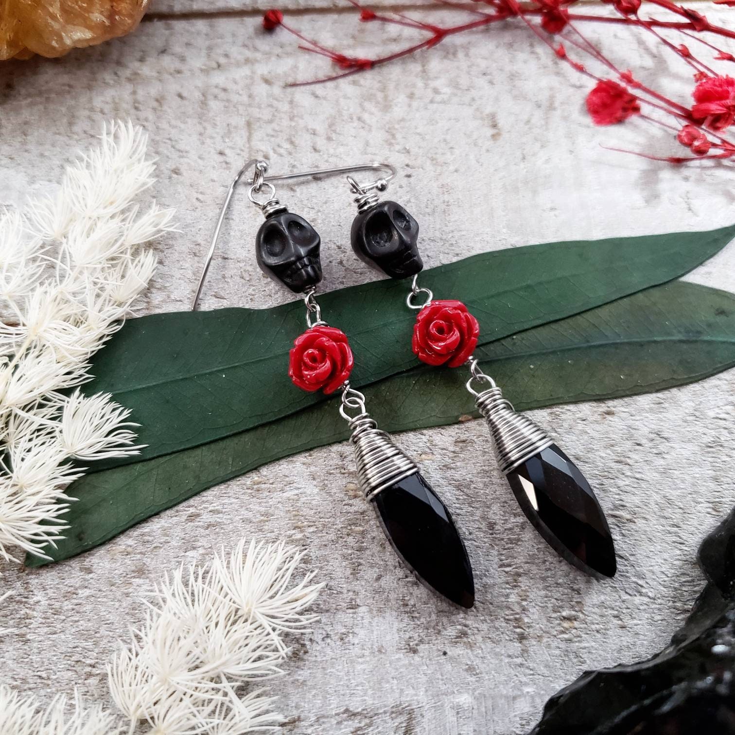 Goth Skull Earrings - Skull Rose Earrings - Gothic Jewelry - Red Rose ...