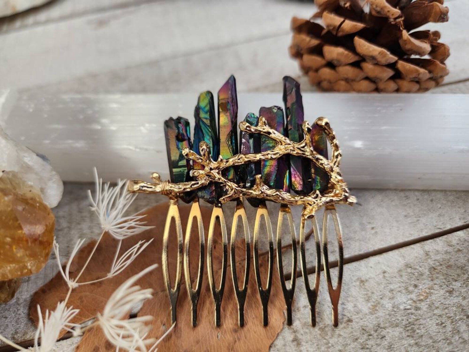 Black Quartz Hair Comb Branch Hair Piece Boho Winter - Etsy