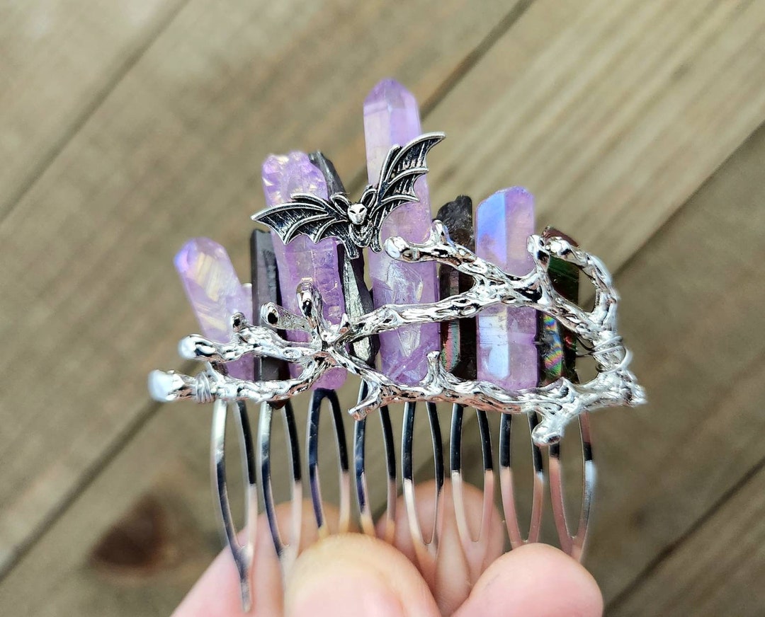 Halloween Hair Comb - Quartz Crystal Hair Comb - Bat Barrette - Crystal ...