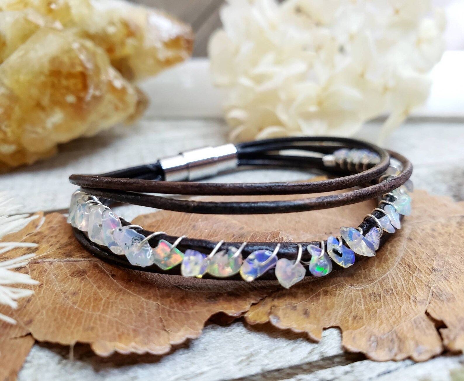 Opal Leather Bracelet October Birthstone Gifts Opal - Etsy
