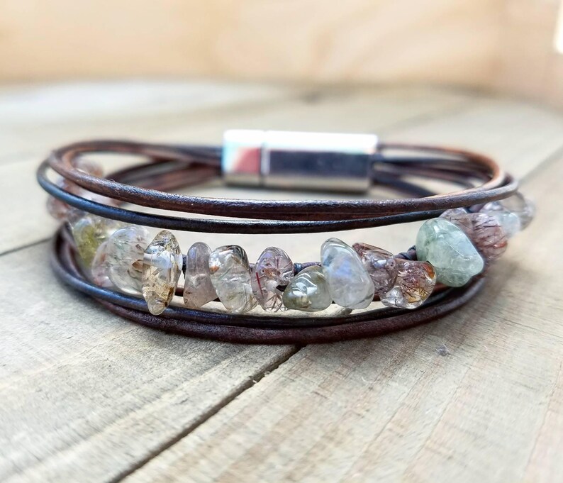 Quartz Leather Bracelet - Rutile Quartz Bracelet - Leather Gemstone ...