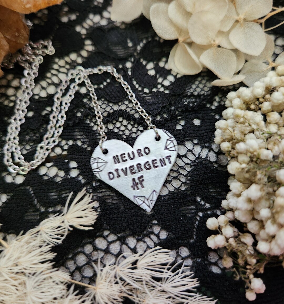 Neurodivergent Af Stamped Heart Necklace Adhd Jewelry Silver Heart ...