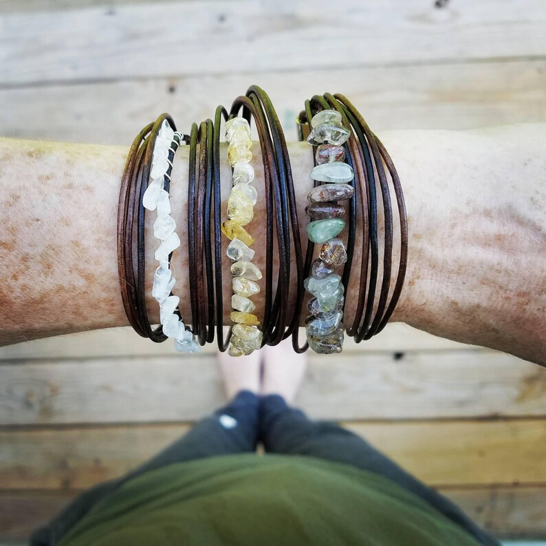 Quartz Leather Bracelet - Rutile Quartz Bracelet - Leather Gemstone ...