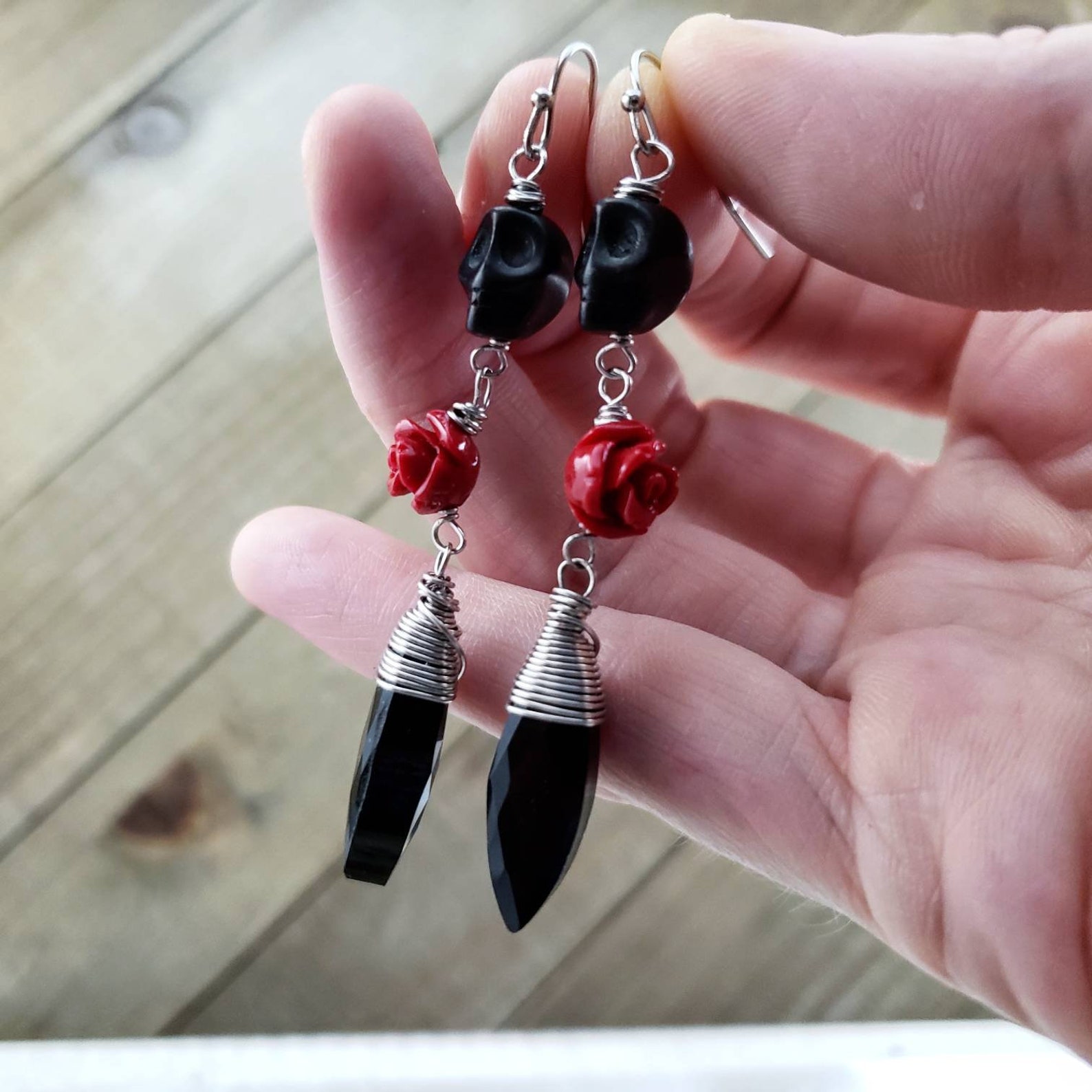 Goth Skull Earrings - Skull Rose Earrings - Gothic Jewelry - Red Rose ...