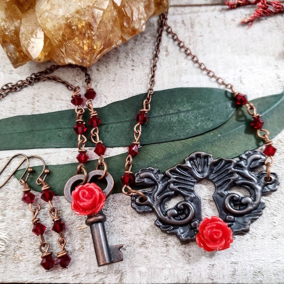 Goth Victorian Jewelry Set Gothic Key Necklace Blood Red - Etsy